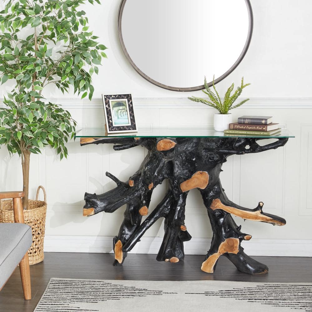 Litton Lane 49 in. Black Rectangle Teak Contemporary Console Table ...