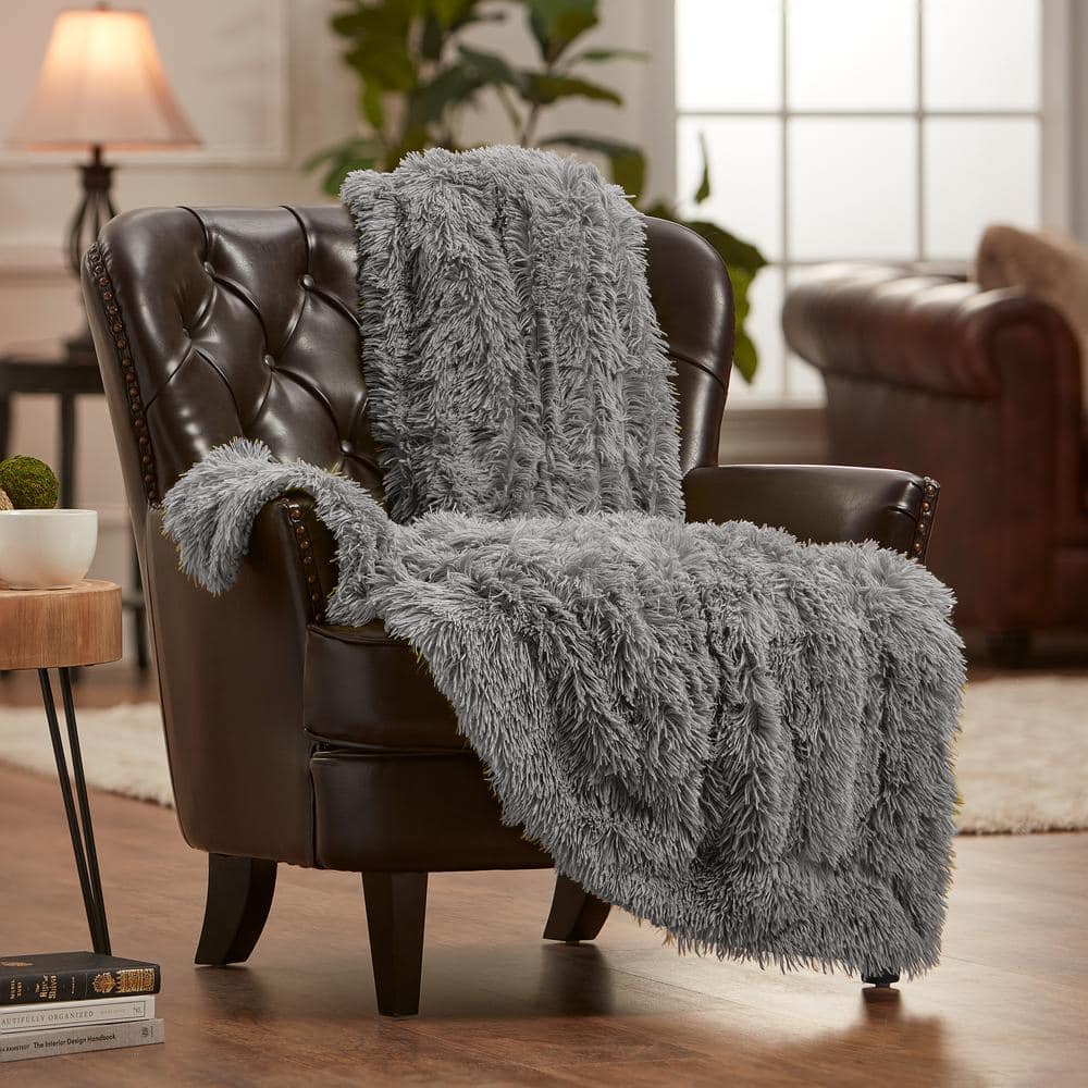 CHANASYA Solid Gray Shaggy Faux Long Fur Polyester Throw Blanket - 60 ...