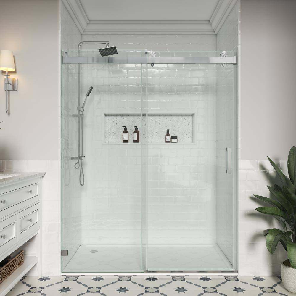 YINVANI 66 in. W x 76 in. H Single Sliding Frameless Soft-Closing Shower Door in Brushed Nickel ...