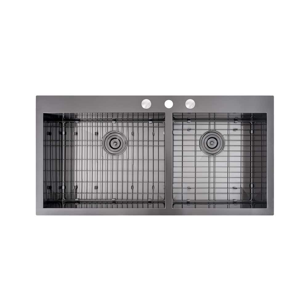 Kingsman Hardware 43 in. Drop-In/Topmount Double Bowl 16 Gauge Black ...