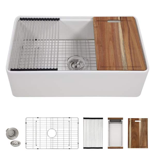 Fulorni 33 in. Apron Front Single Bowl Ceramic Porcelain Fireclay White ...