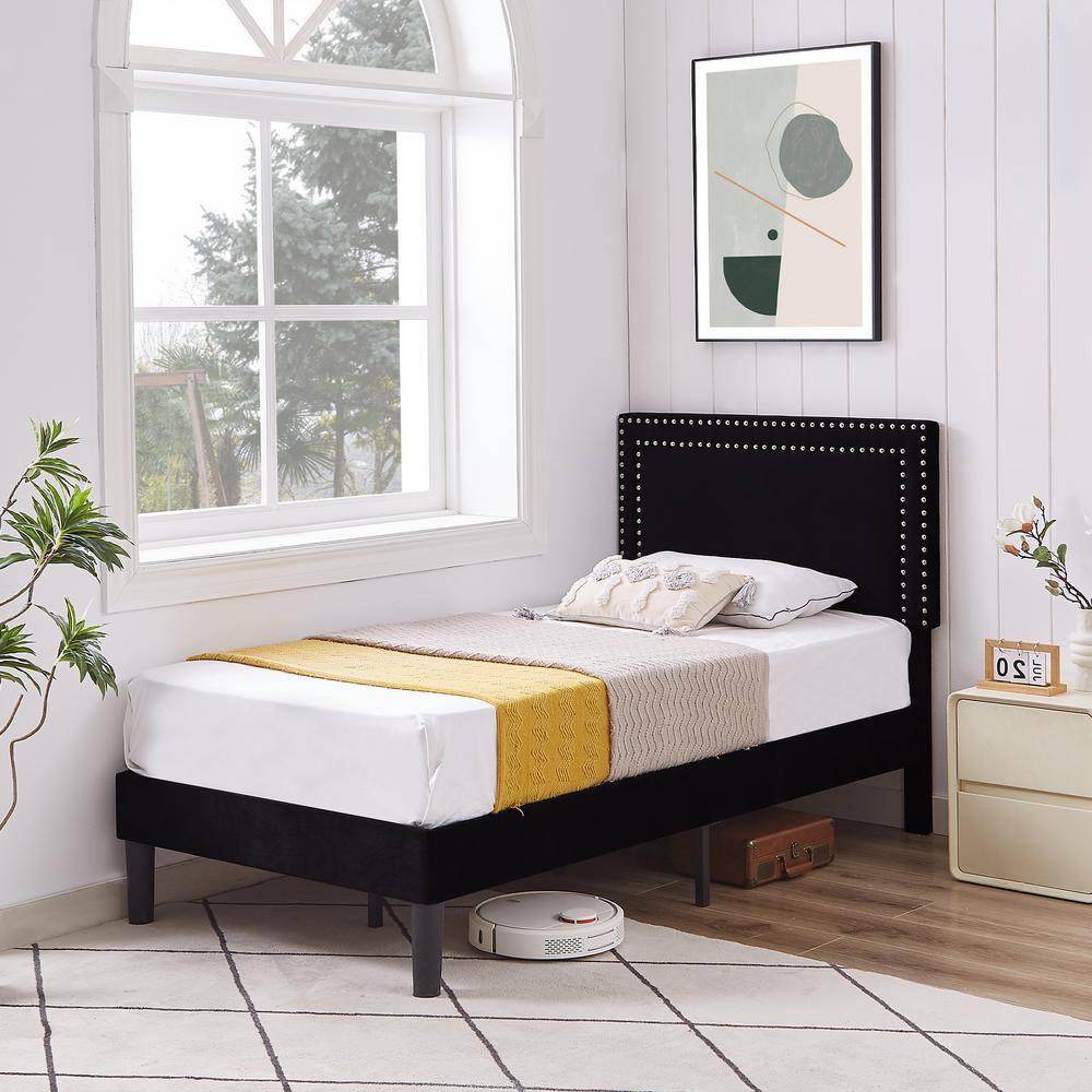 VECELO Upholstered Bed with Adjustable Headboard, No Box Spring Needed ...