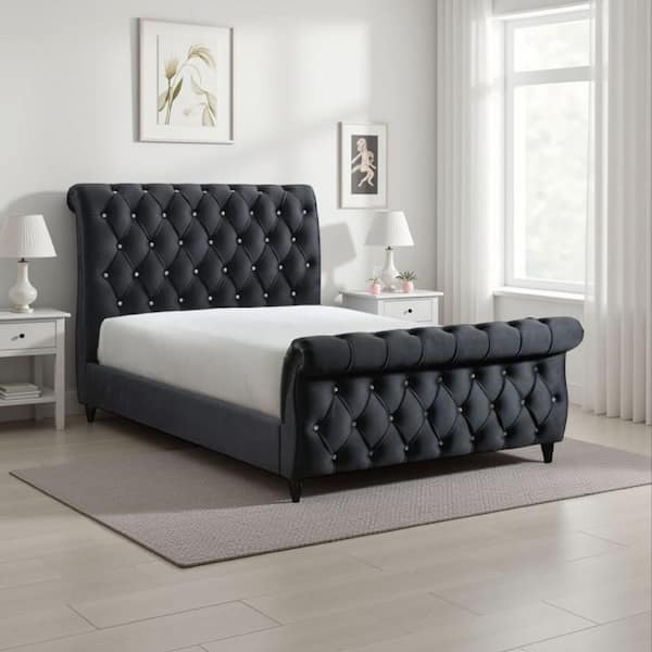 Benjara Ellowen Black Queen Wood Frame Sleigh Bed Diamond Tufted ...