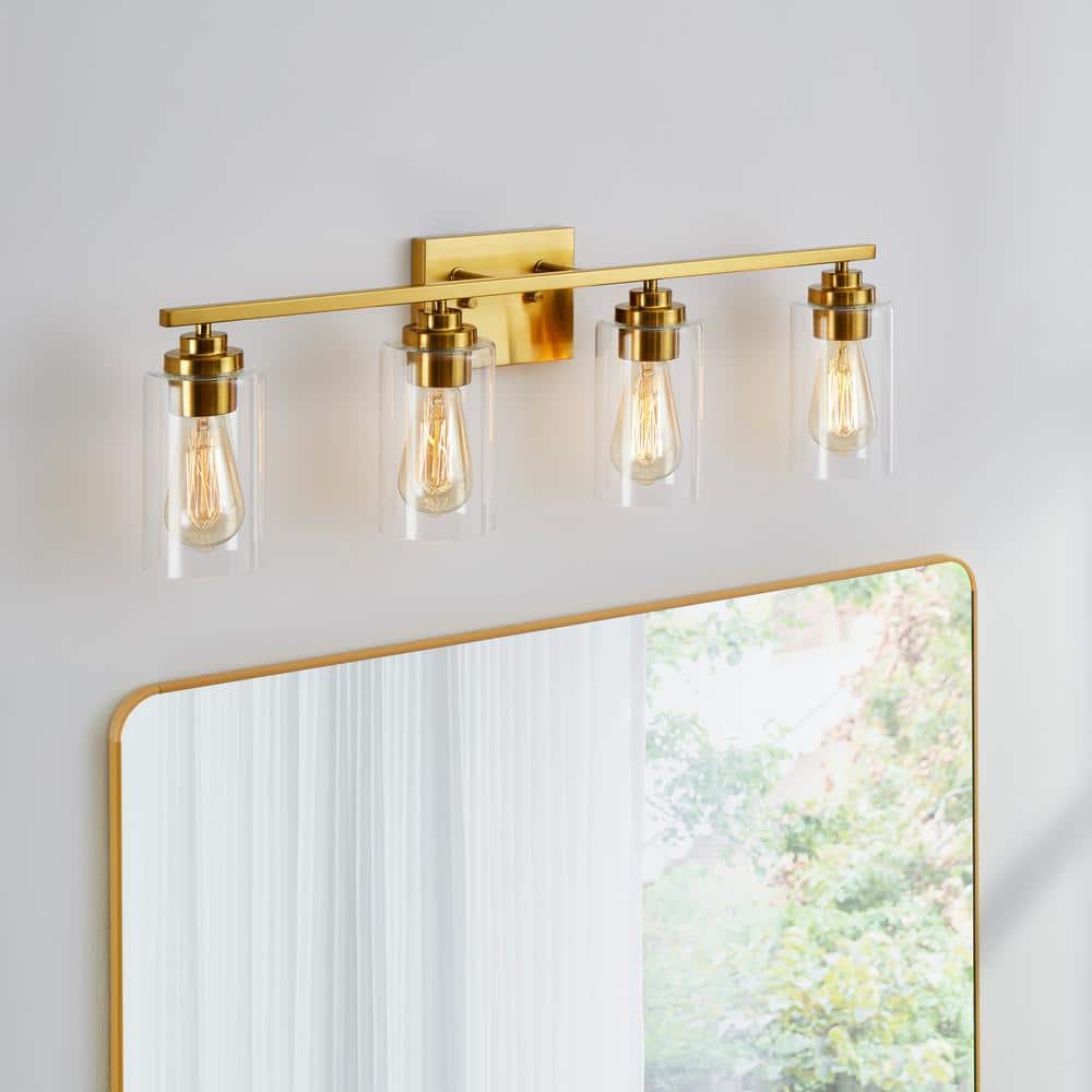 KAWOTI 30 in. 4-Light Antique Brass Vanity Light with Clear Glass ...