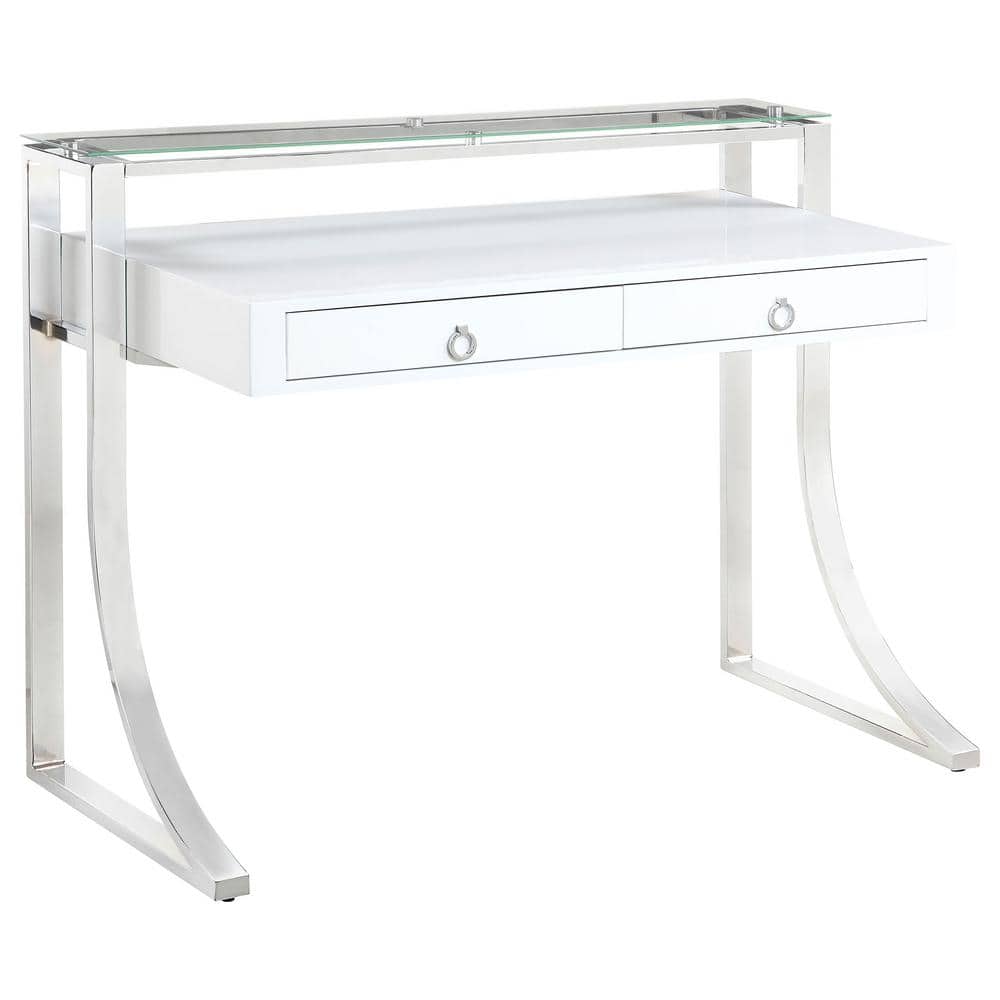 Coaster Gemma 23.5 in. Glossy White and Chrome 2-Drawer Writing Desk ...