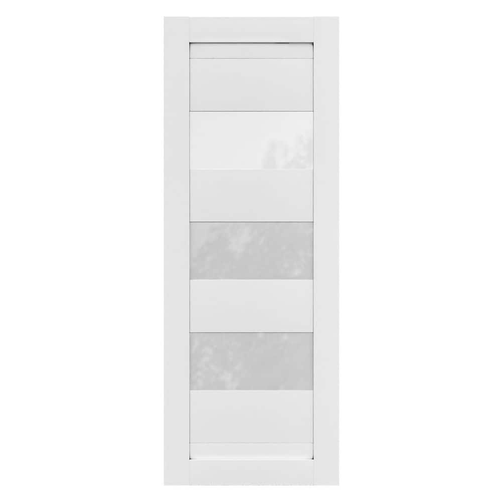 VILLAR HOME DESIGNS 32 in. x 92 in. 4 Panel Solid Wood 3-Lite Frosted ...