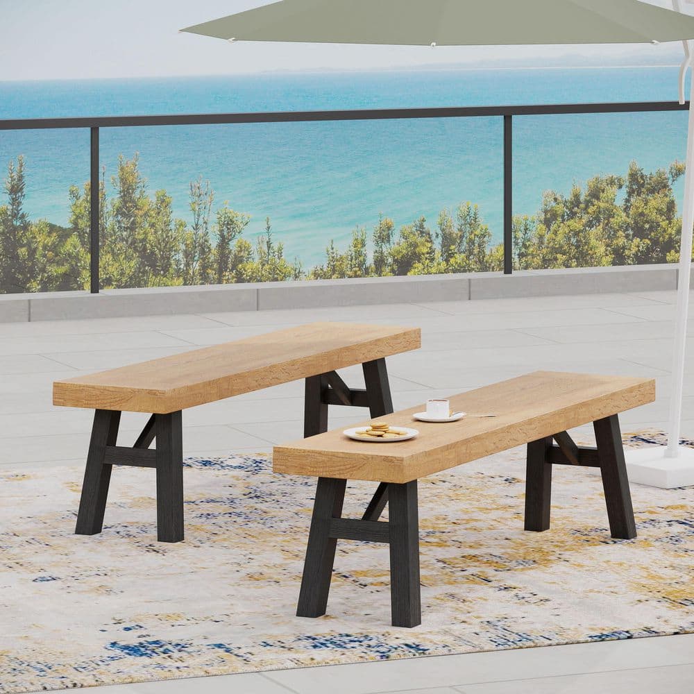 Sudzendf Acacia Wood Frame Slat Panel Design Outdoor Bench (Set of 2 ...