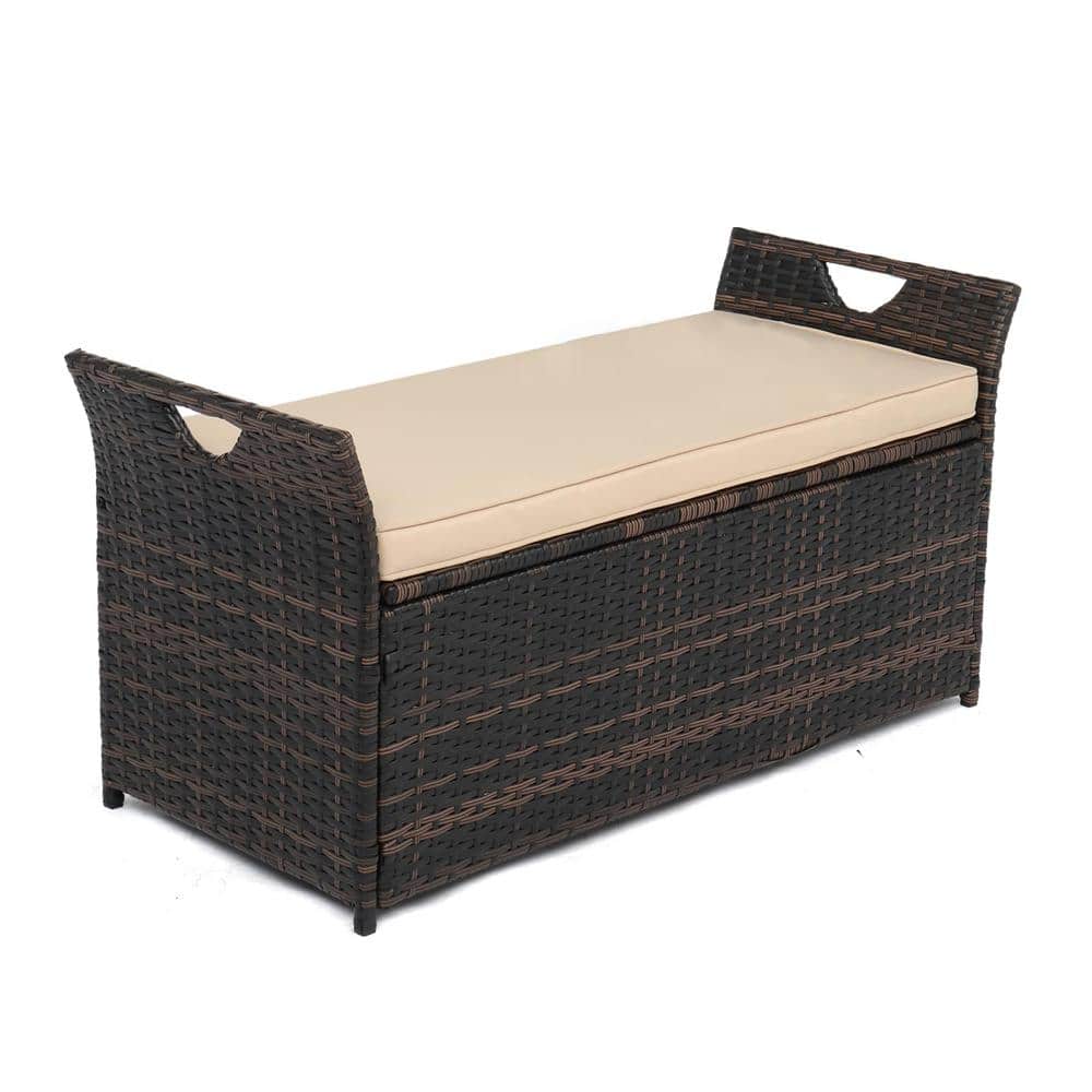 Justincity 40 Gal. Brown Rattan Outdoor Storage Bench with Cushion 1 ...