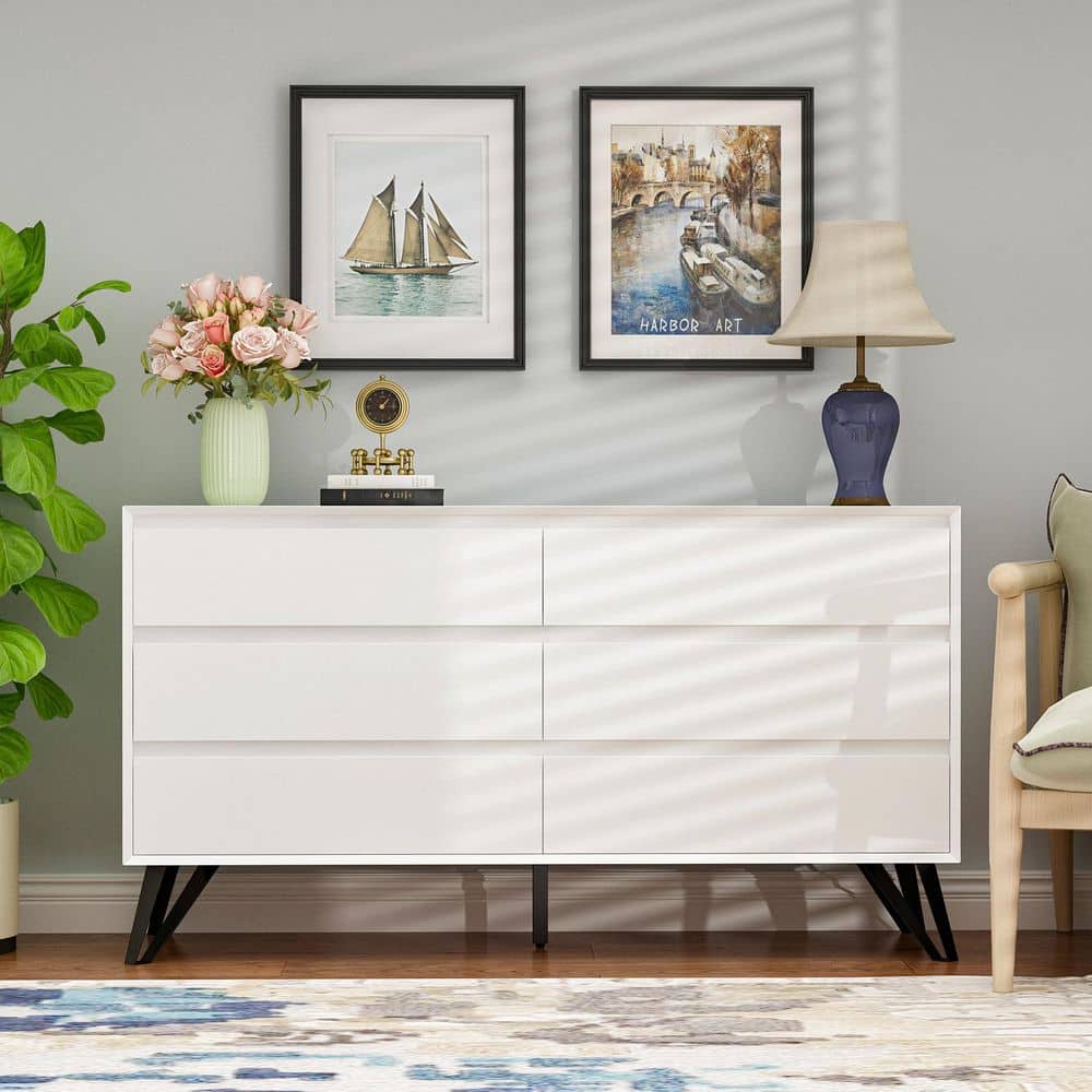 FUFU&GAGA 6-Drawer White Wooden Chest of Drawers, 54.1 in W. X 29.9 in ...