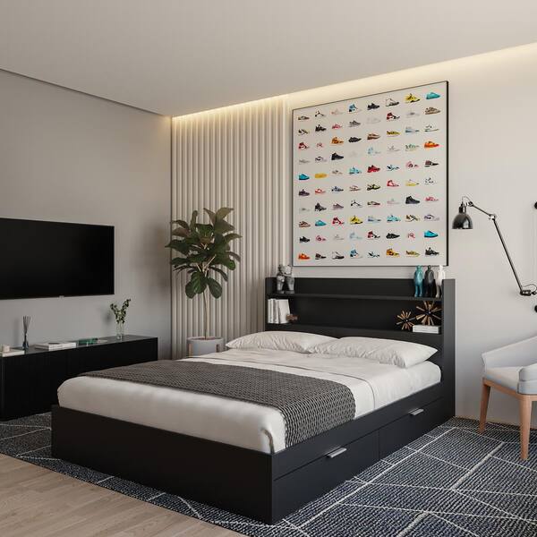 Nexera Hunter Black Frame Queen Size 2 Drawer Platform Bed with ...