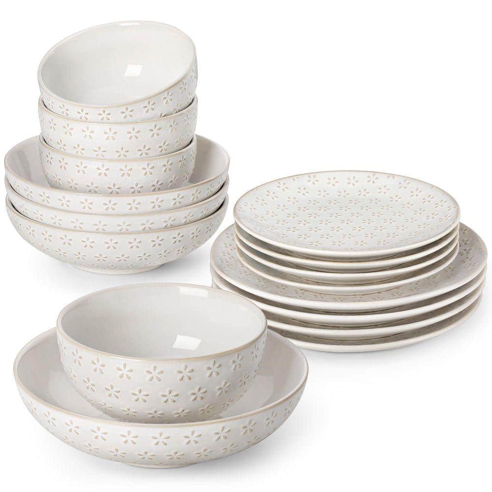 vancasso 16-Piece White Stoneware Dinnerware Set Service for 4-Embossed ...
