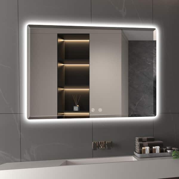 YULIKA 32 in. W x 24 in. H LED Beveled Mirror Rectangular Frameless Mirror Wall Bathroom Vanity ...