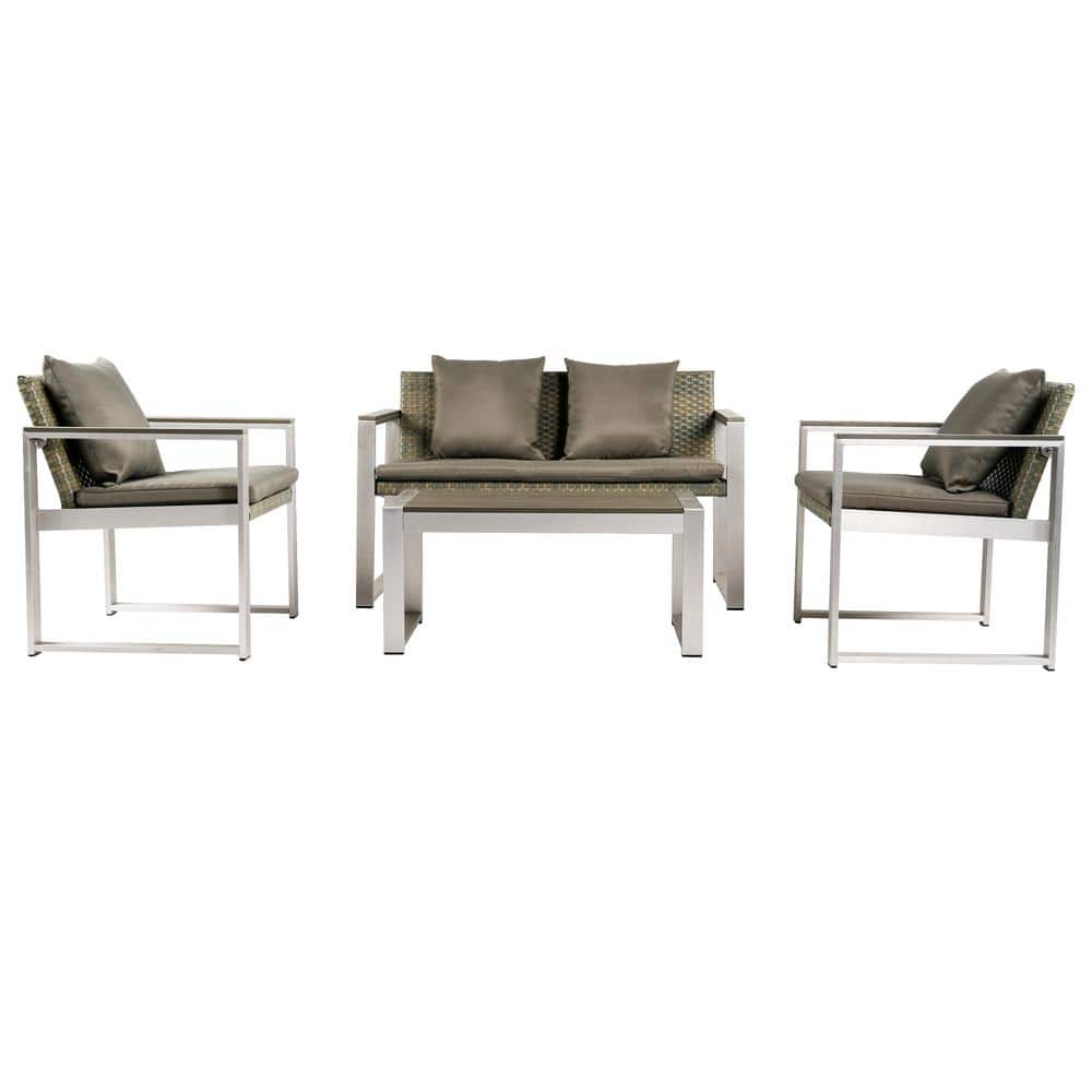 Sudzendf Silver 4-Piece Aluminum Patio Conversation Set with Gray ...