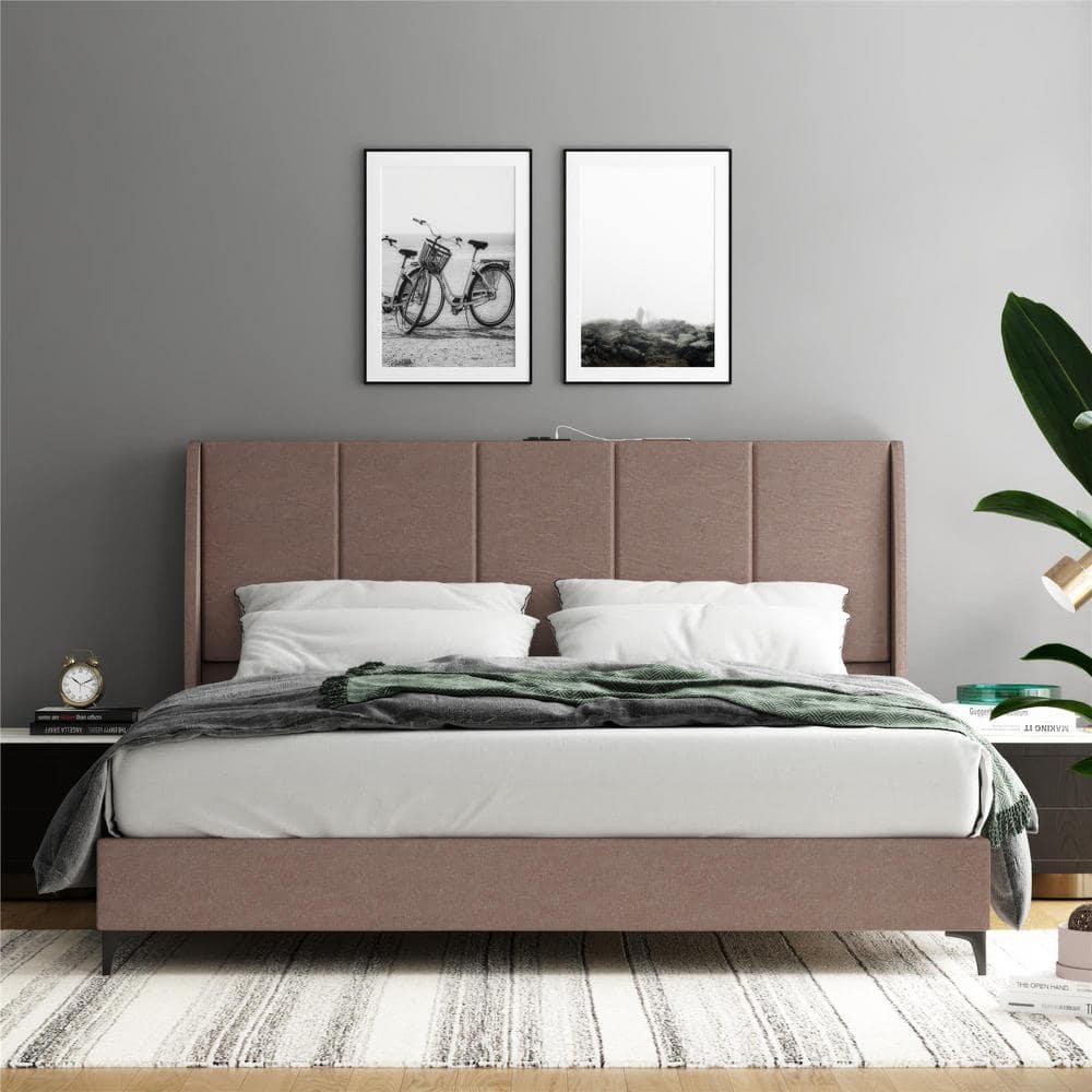 DHP Lamora Upholstered Wood Frame Wingback Bed with USB, King, Taupe ...