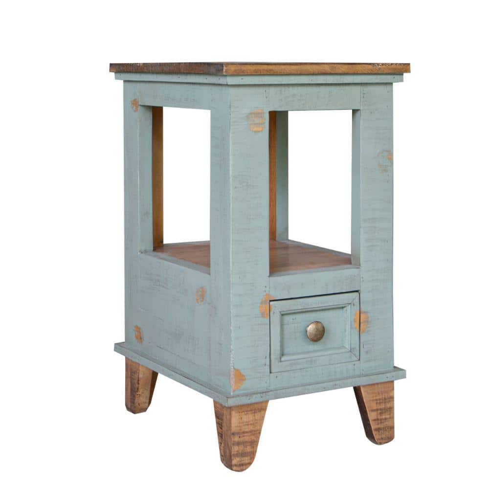Benjara 18 in. Blue and Brown Rectangle Wood End Table with Tapered ...