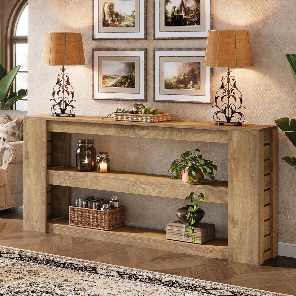 BYBLIGHT 70.86 in. Brown Rectangle Wood Console Tables with 3-Tier ...