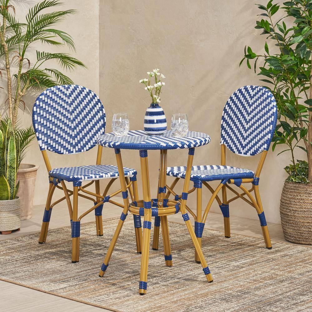 3-Piece Navy Blue Bamboo Finish Aluminum Armless French Outdoor Bistro ...