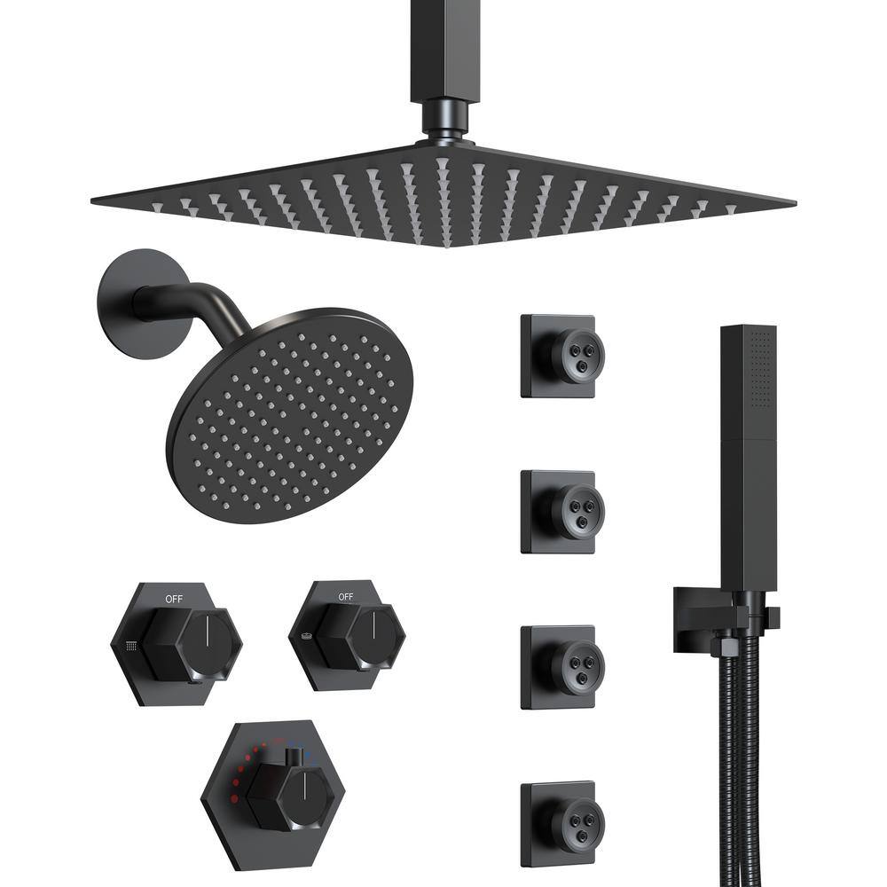 GRANDJOY 12 in. 5-Spray Multi-Functionn Dual Shower System Square High ...