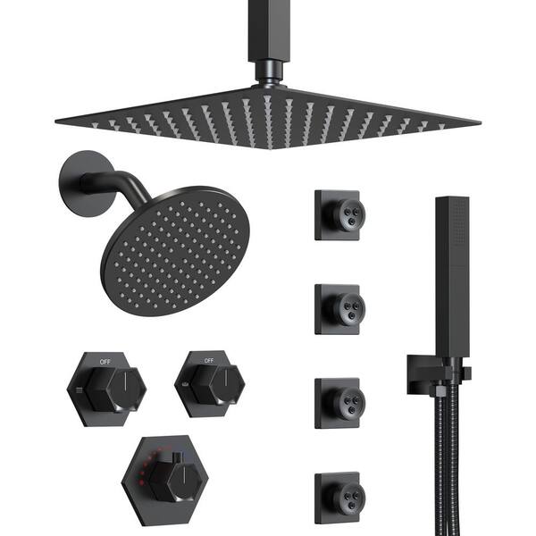 GRANDJOY 12 in. 5-Spray Multi-Functionn Dual Shower System Square High ...