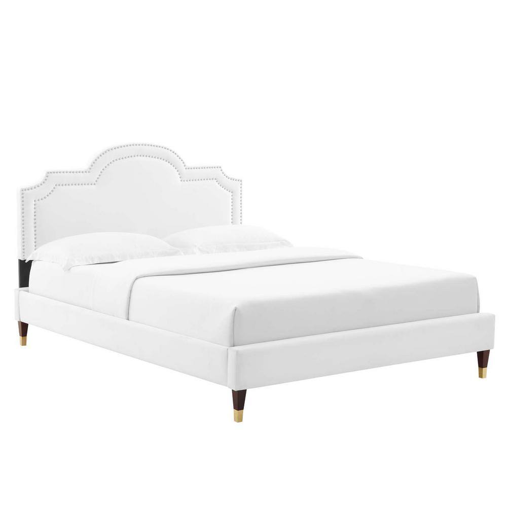 MODWAY Aviana White Performance Velvet Frame Full Platform Bed with ...