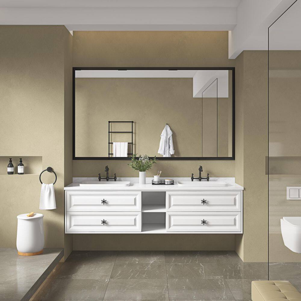 WELLFOR 96 in. W x 48 in. H Rectangular Aluminium Framed Wall Bathroom ...