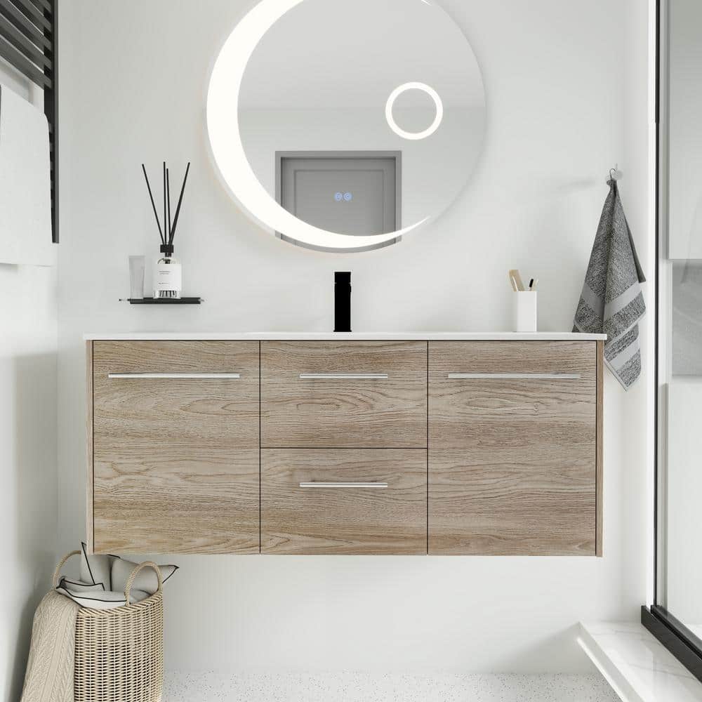 UPIKER 47.4 in. W x 18.10 in. D x 20.20 in. H Single Sink Wall Mount Bath Vanity in White Oak ...