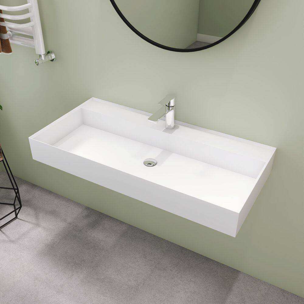 SJ STAR&JANE 39 in. Wall Mount Rectangle Vessel Sink with Faucet Hole, Solid Surface Bathroom ...