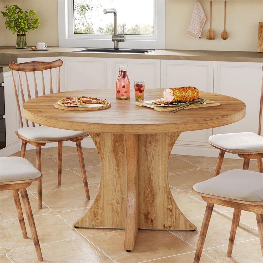 BYBLIGHT 47 in. Modern Brown Wood Pedestal Dining Table for 4, Round ...