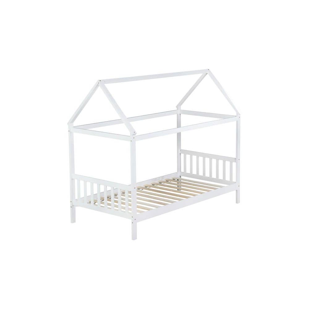 Tatahance White Wood Frame Twin Size Platform Bed with House Frame ...