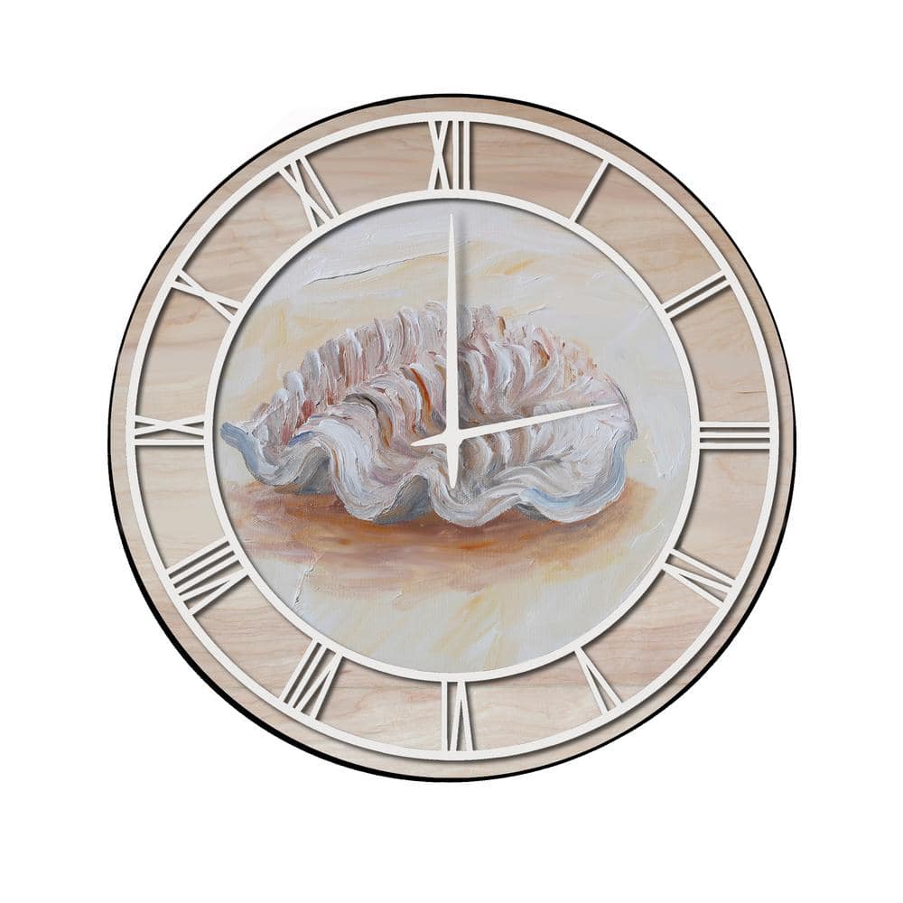 "Sea Shell #1" Woodgrain Accent and White Numbers Imaged Wall Clock CL ...