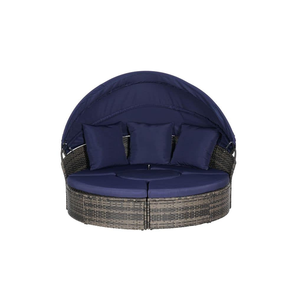 Sudzendf Gray Wicker Outdoor Patio Round Day Bed with Dark Blue ...