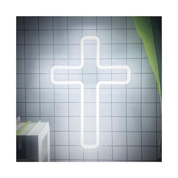 LED Cross Neon Sign Light White Acrylic Wall Hanging Adjustable ...