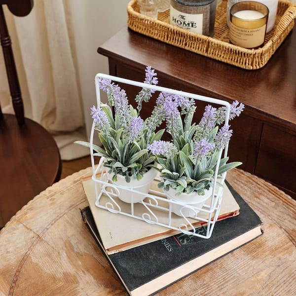 Artificial Plants 9.1 in. Purple Indoor Artificial Lavender in White ...