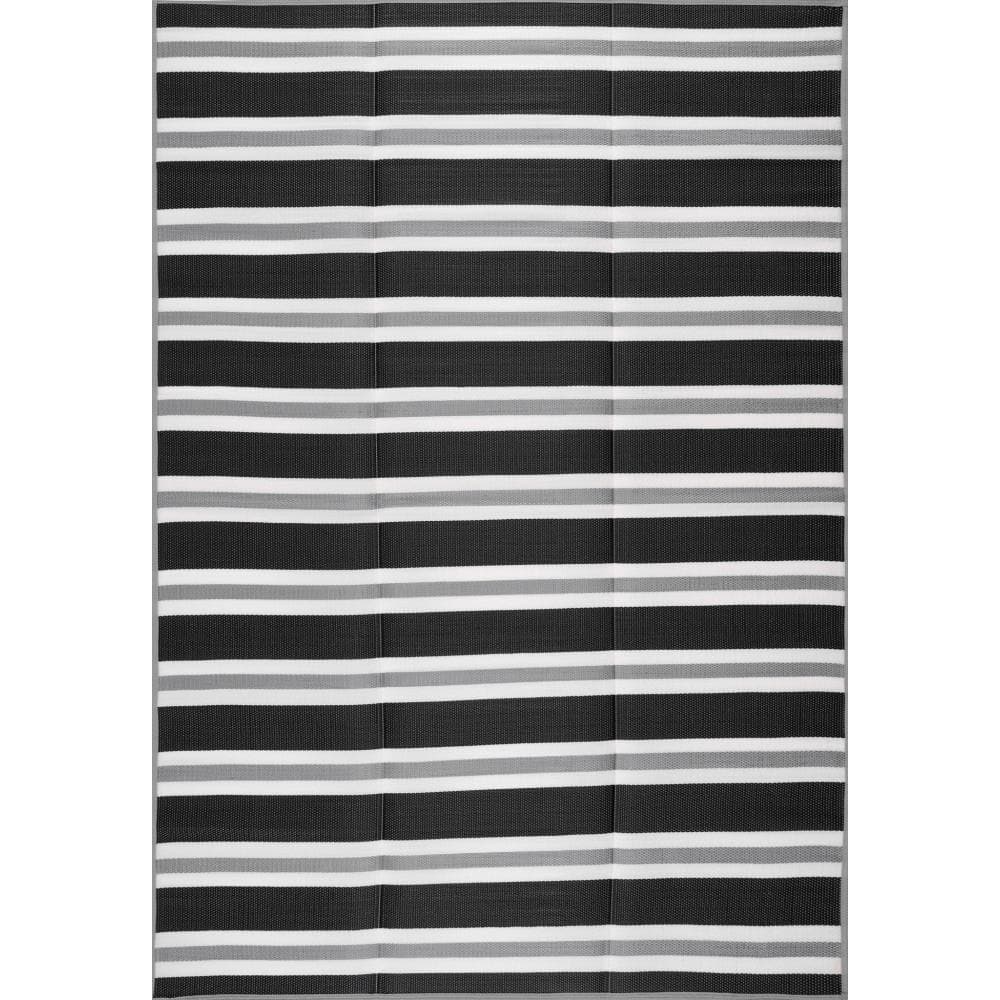 Tayse Rugs Luna Black 8 ft. x 10 ft. Stripes Indoor/Outdoor Area Rug ...