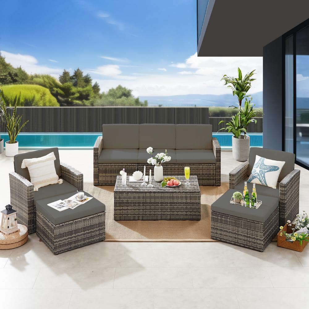 Zeus & Ruta Gray 6-Pieces Wicker Outdoor Patio Furniture Sets ...