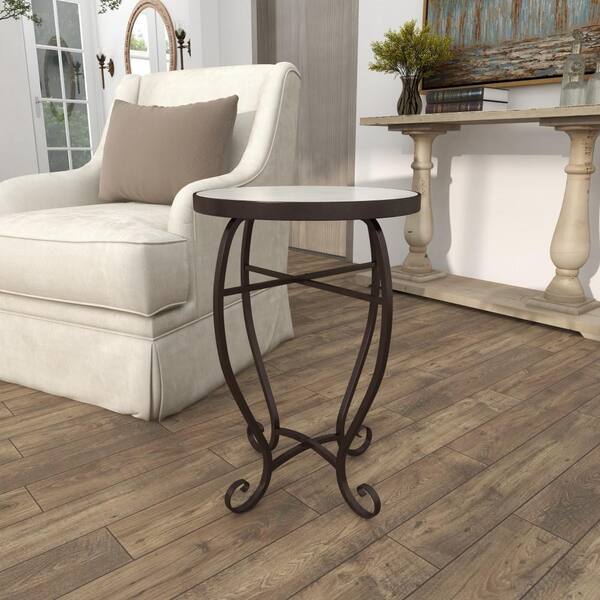 Litton Lane 16 in. Black Scroll Large Round Marble End Table with White ...
