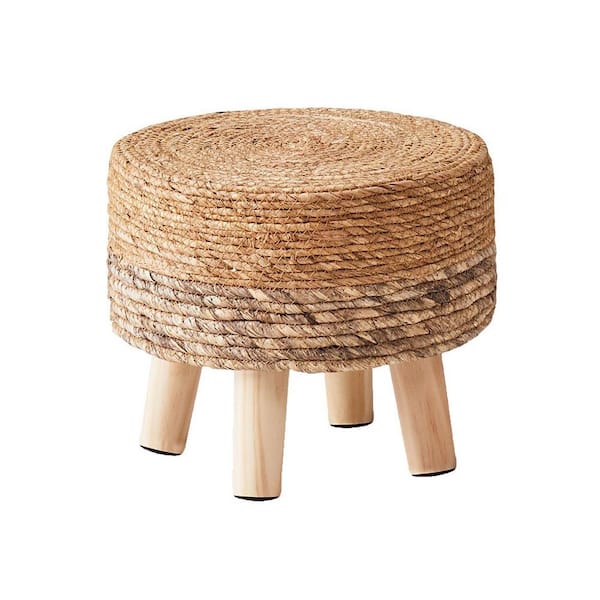 SenQWFa Natural Brown Wood Garden Stool Hand Woven Seagrass Ottoman ...