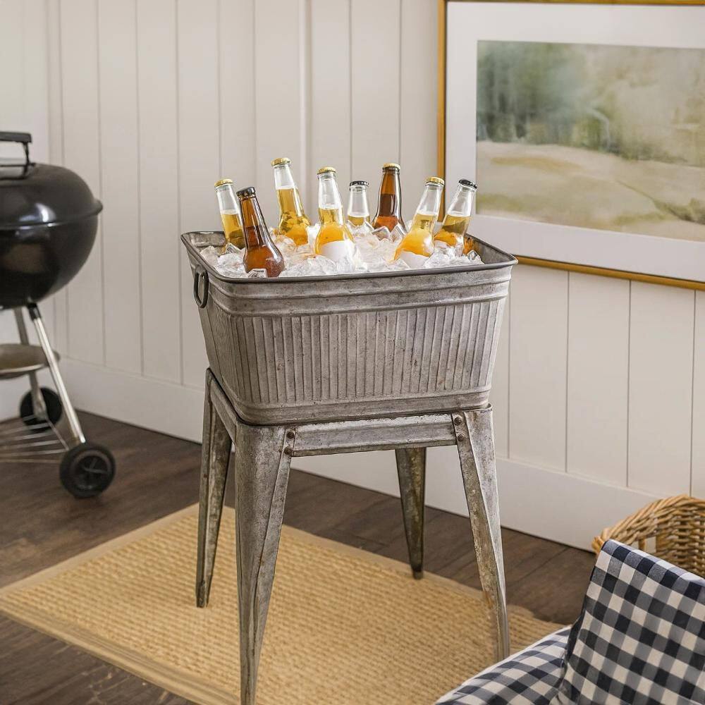 Benjara 32 in. Gray Iron Multi-Functional Galvanized Metal Tub on Stand ...