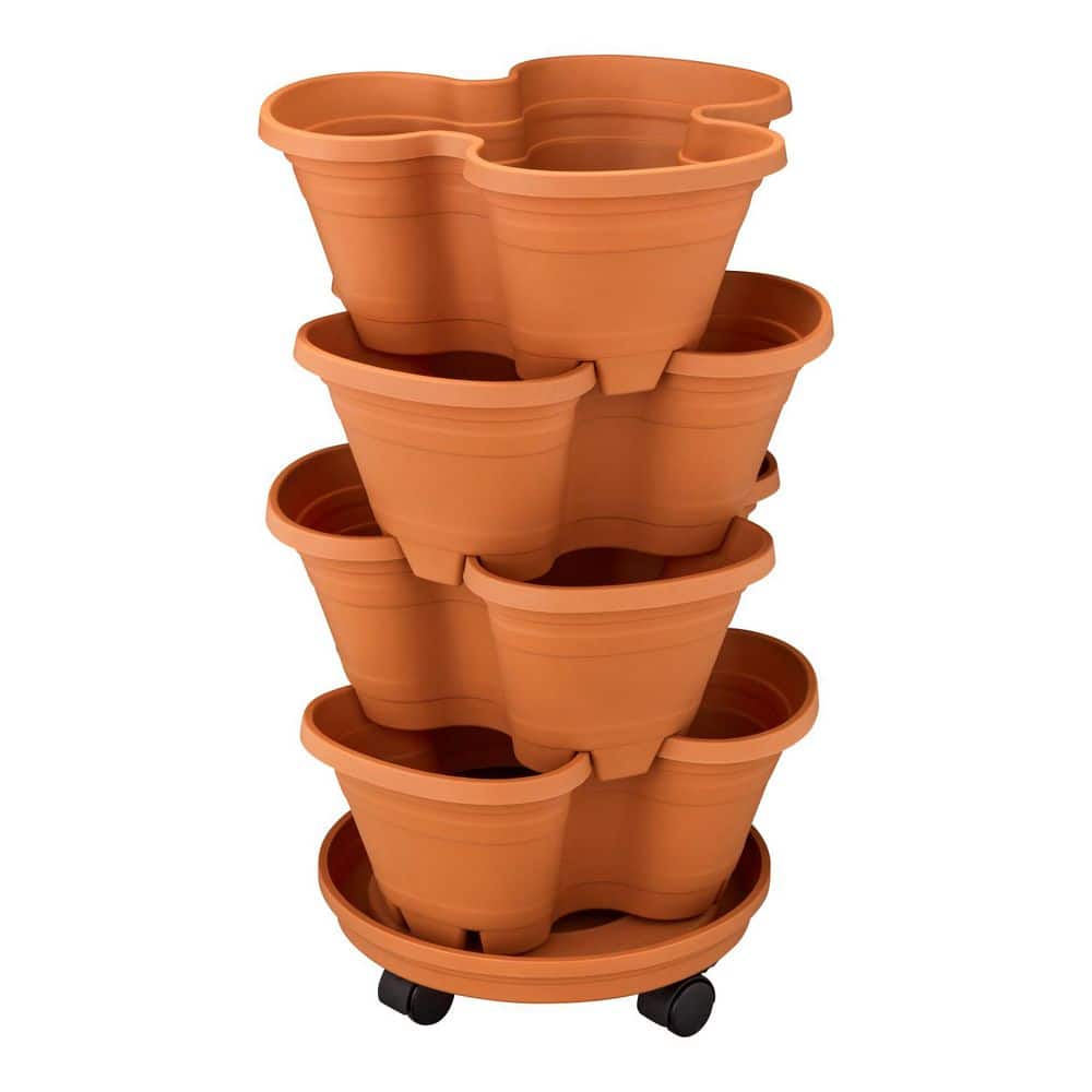 Vigoro 15 in. W Landan Medium Terracotta Resin Tiered Planter Lightweight Made With Recycled ...