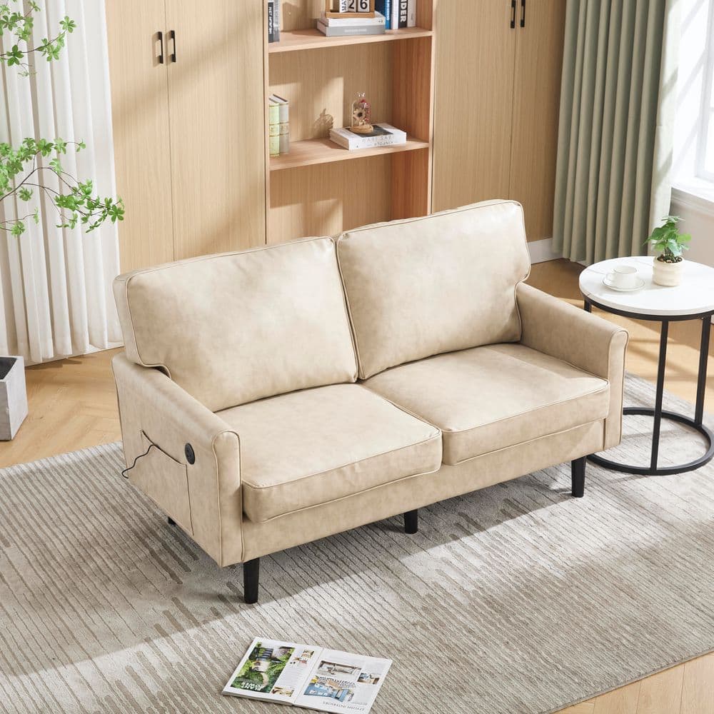 HOMEFUN 57 in. Mid Century Modern PU Loveseat Sofa with USB and ...