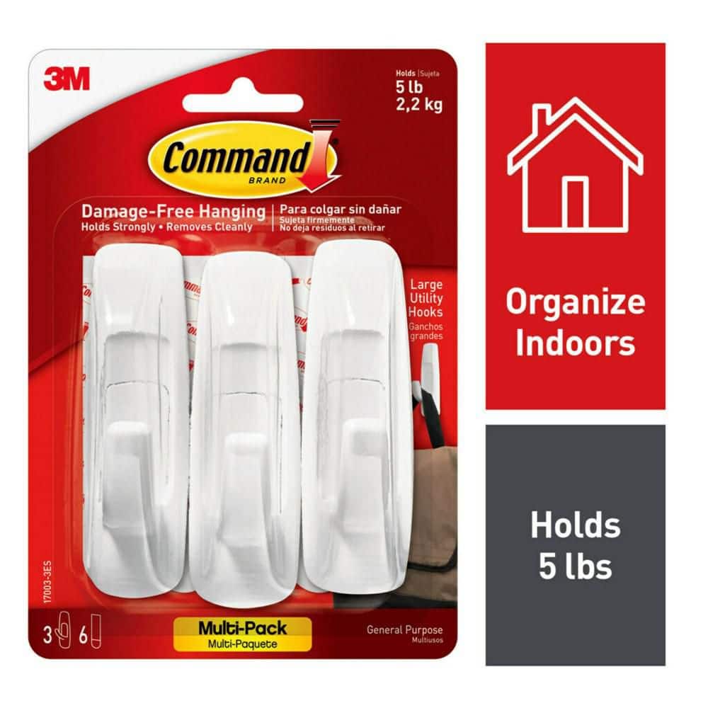 Command Large Utility Hooks, White, Damage Free Decorating, 3 Hooks and 6 Command Strips 17003 ...
