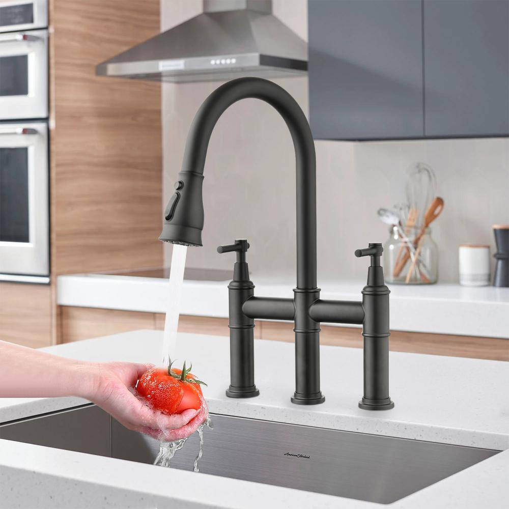 Double Handle Bridge Kitchen Faucet with Pull-Down Spray Head ...