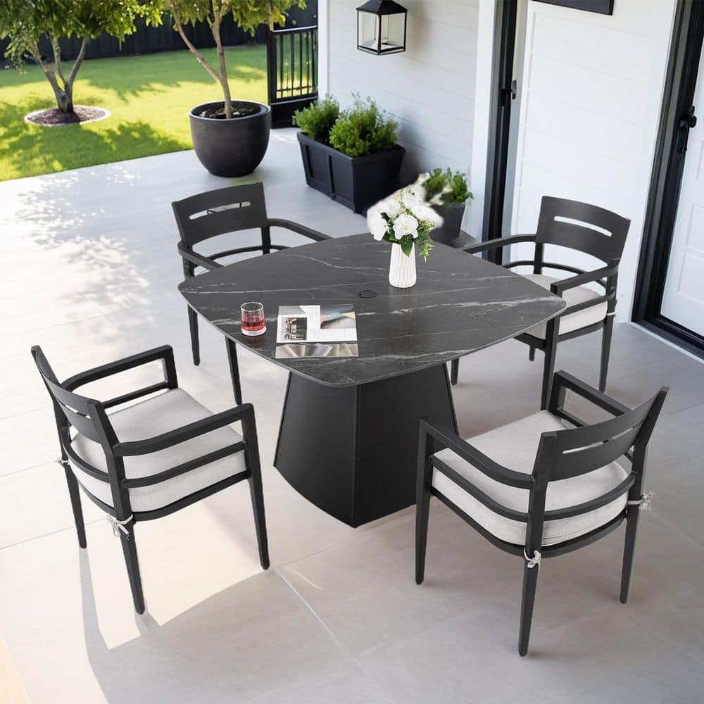 5-Piece Sintered Stone Outdoor Dining Set, 44" Rounded Square Table ...