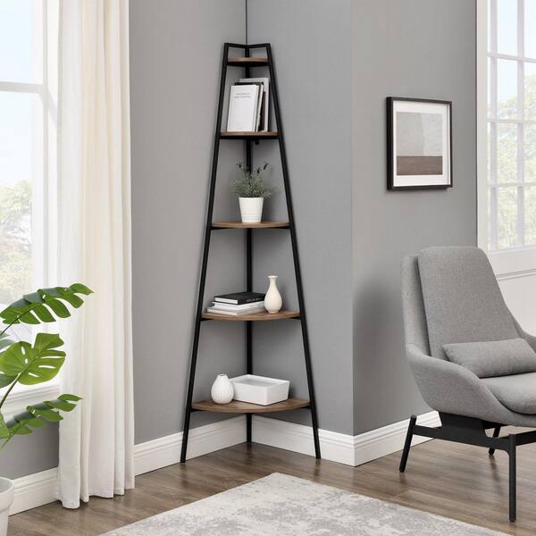 Welwick Designs 72 in. Rustic Oak Wood and Metal Modern 5-Shelf Angled ...