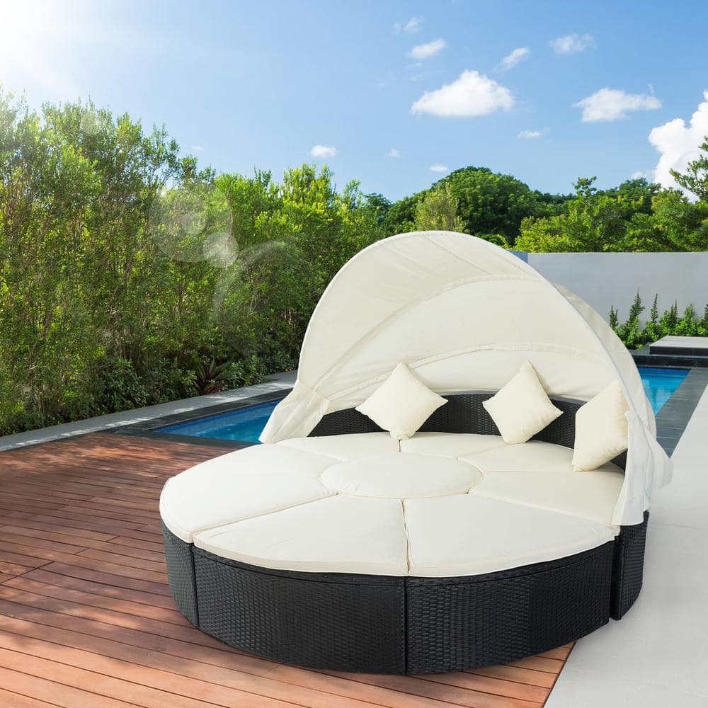 Nestfair Black Wicker Outdoor Day Bed with Beige Cushions and ...