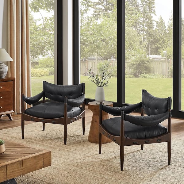 Art Leon Top Leather Black Mid-Century Modern Genuine Leather Arm Chair ...