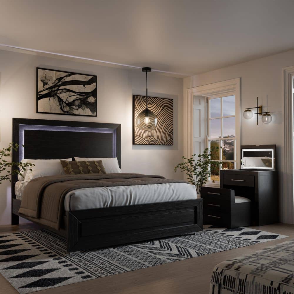 Furniture of America Fairhart 3-Piece Modern Black Wood Cal. King Panel ...