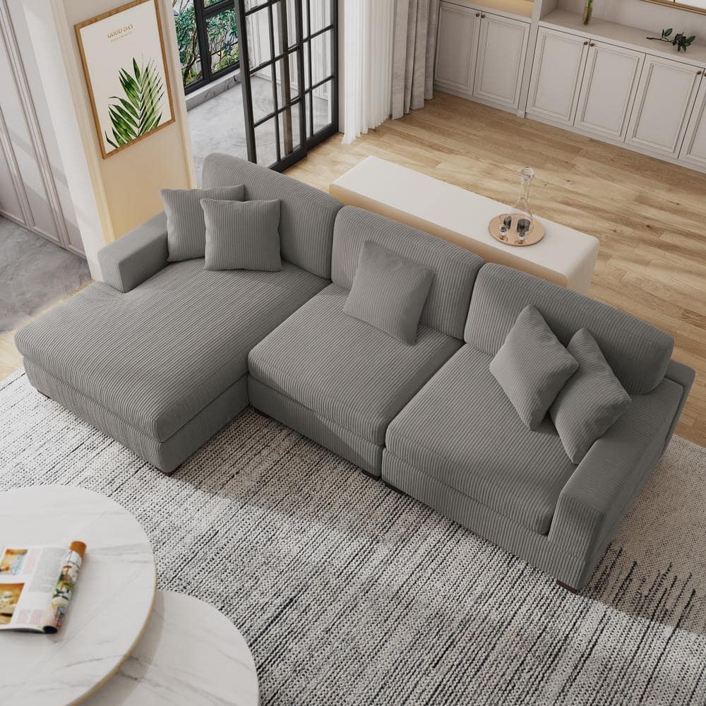 Uixe 118 in. Square Arm 3-Piece Corduroy Upholstered L-Shaped Sectional ...