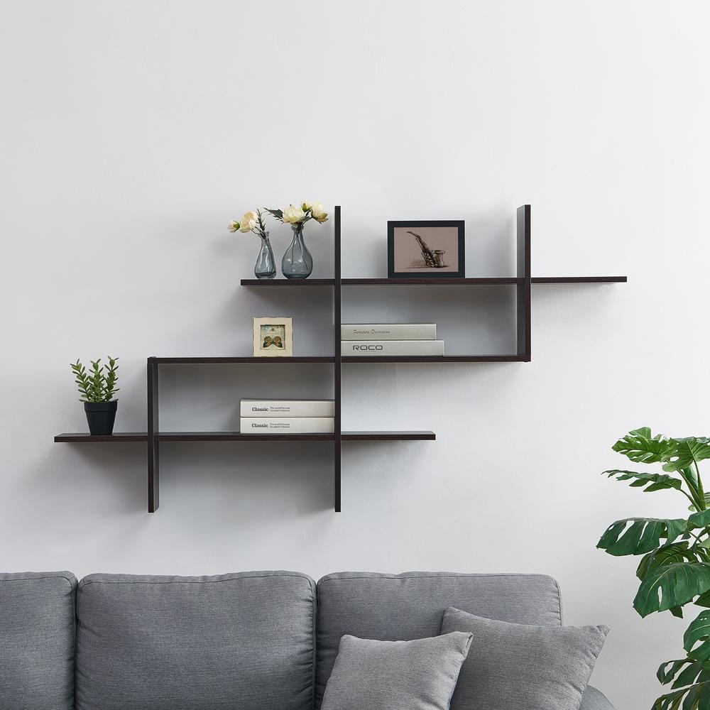 DANYA B Hanover Walnut MDF Wood Elongated Decorative Wall Shelf XF170503WN The Home Depot