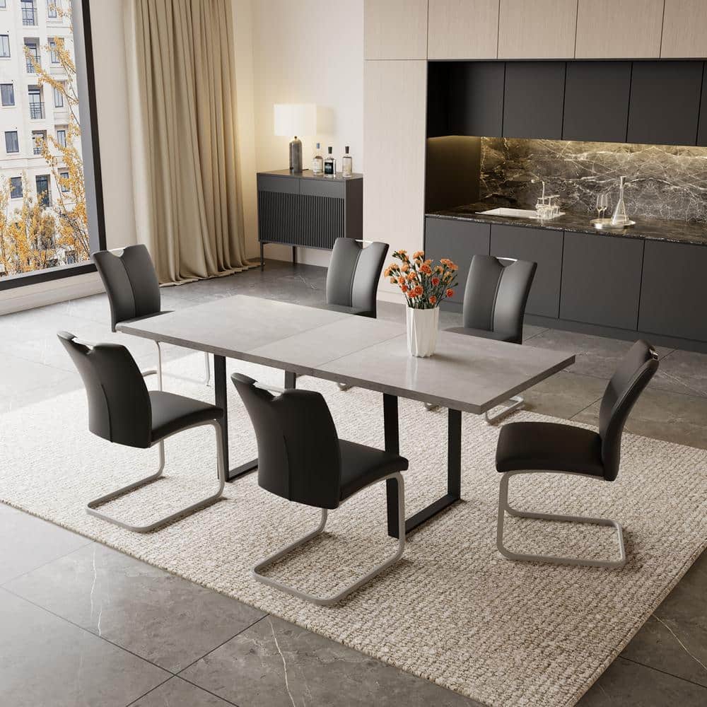 GOJANE 7-Piece Set of 6 Black Chairs and Rangtangle Dining Table ...